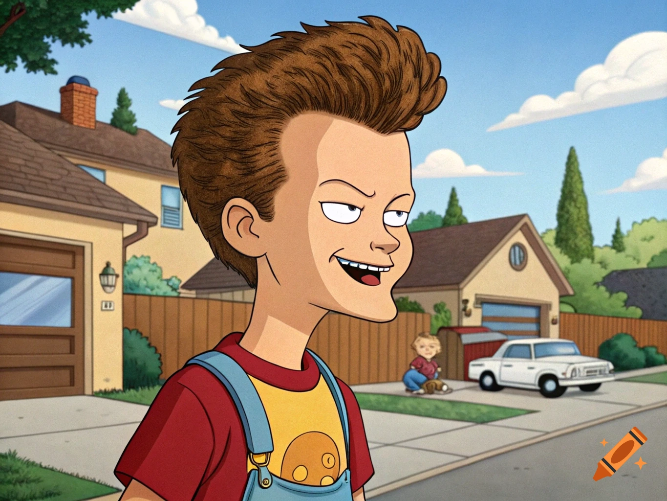 Cartoon character with spiky brown hair and overalls smirking in a ...
