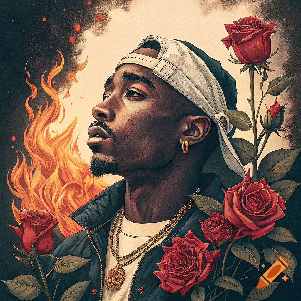 Stylized portrait of Tupac Shakur with flames and roses on Craiyon