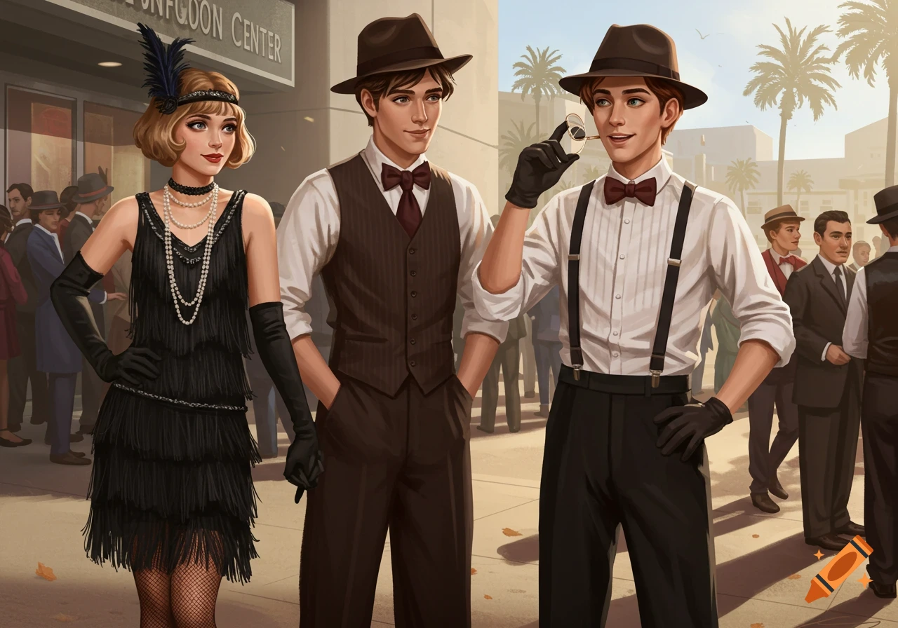 People in 1920s fashion outside a building. on Craiyon