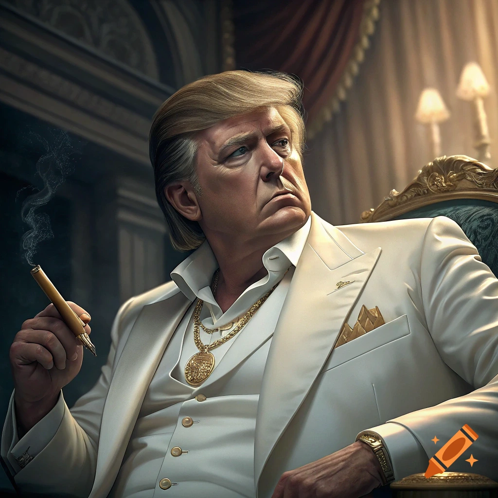 A man resembling Donald Trump in a white suit and gold chains, sitting ...