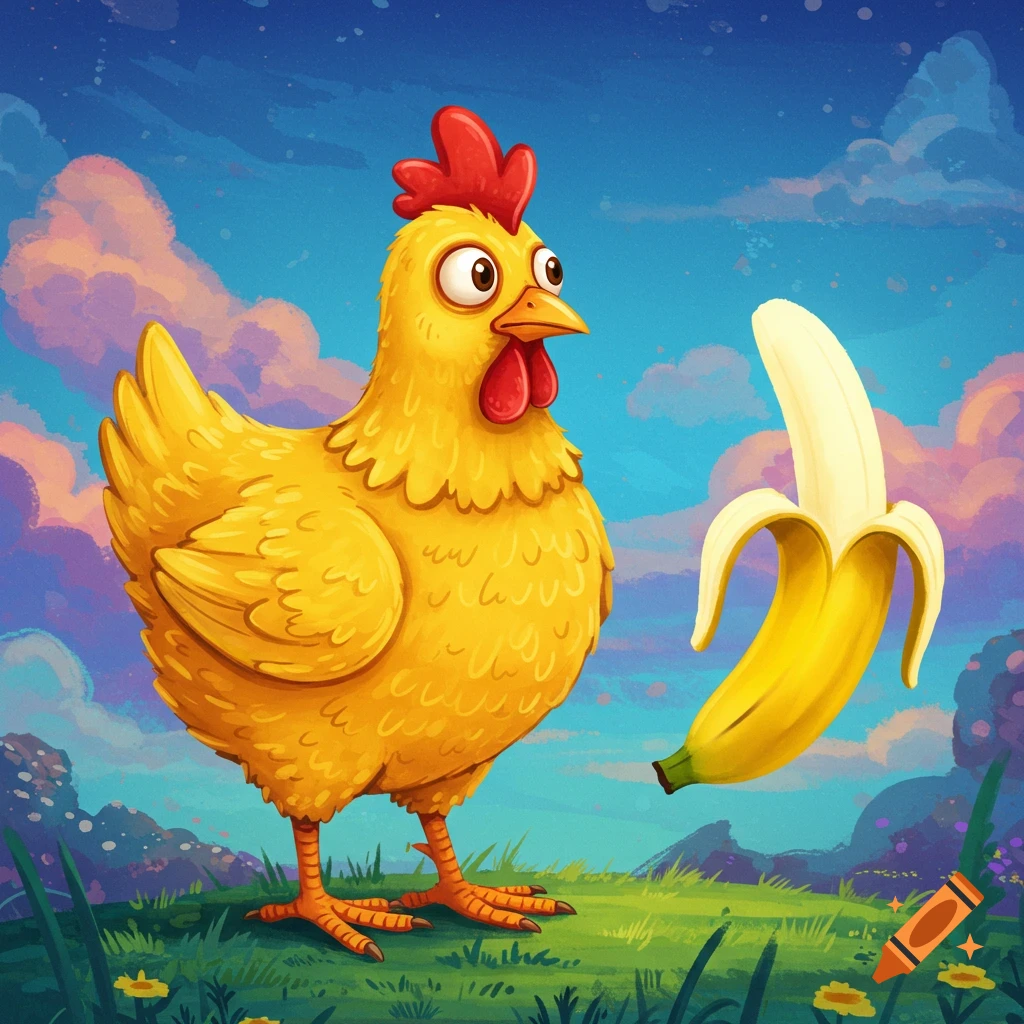Illustration of a cartoon chicken looking at a floating banana in a ...