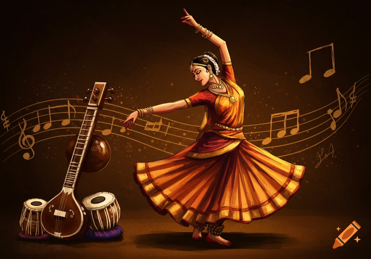 Illustration of an Indian Kathak dancer with sitar, tabla, and musical ...