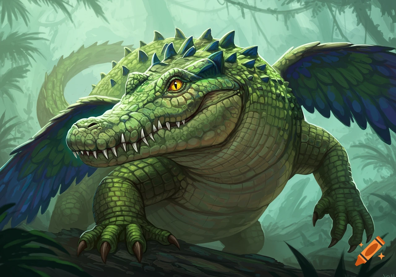 Illustration of a green winged crocodile standing on a log in a jungle ...