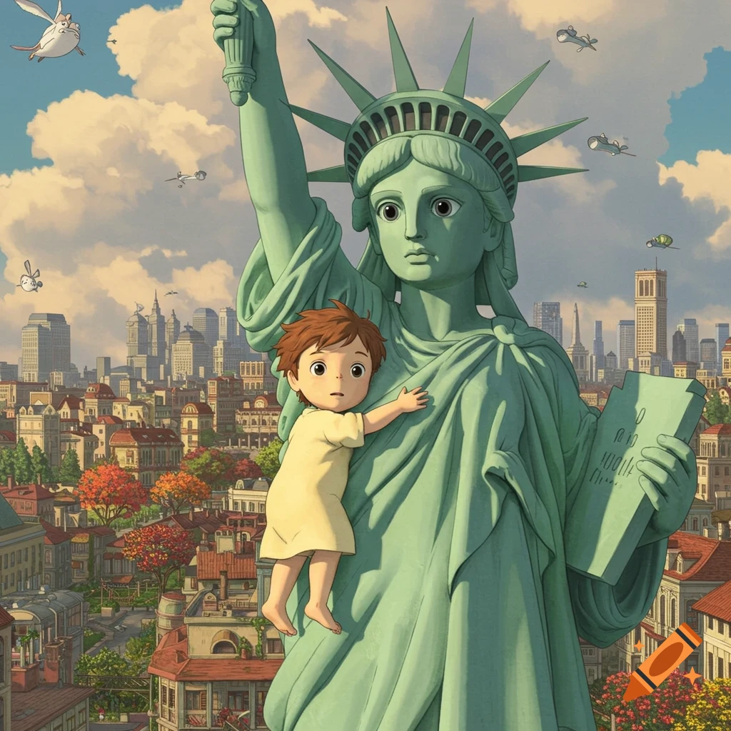 Anime-style image of a child clinging to the Statue of Liberty with a ...