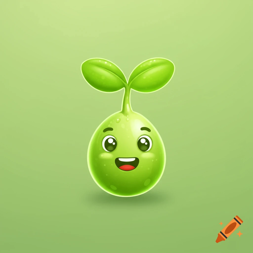 Cartoon green seedling with a happy face on a green background. on Craiyon