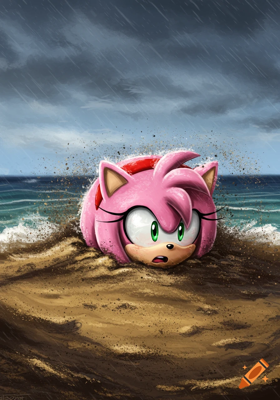 Amy Rose's head buried in wet sand on a beach during a storm ...