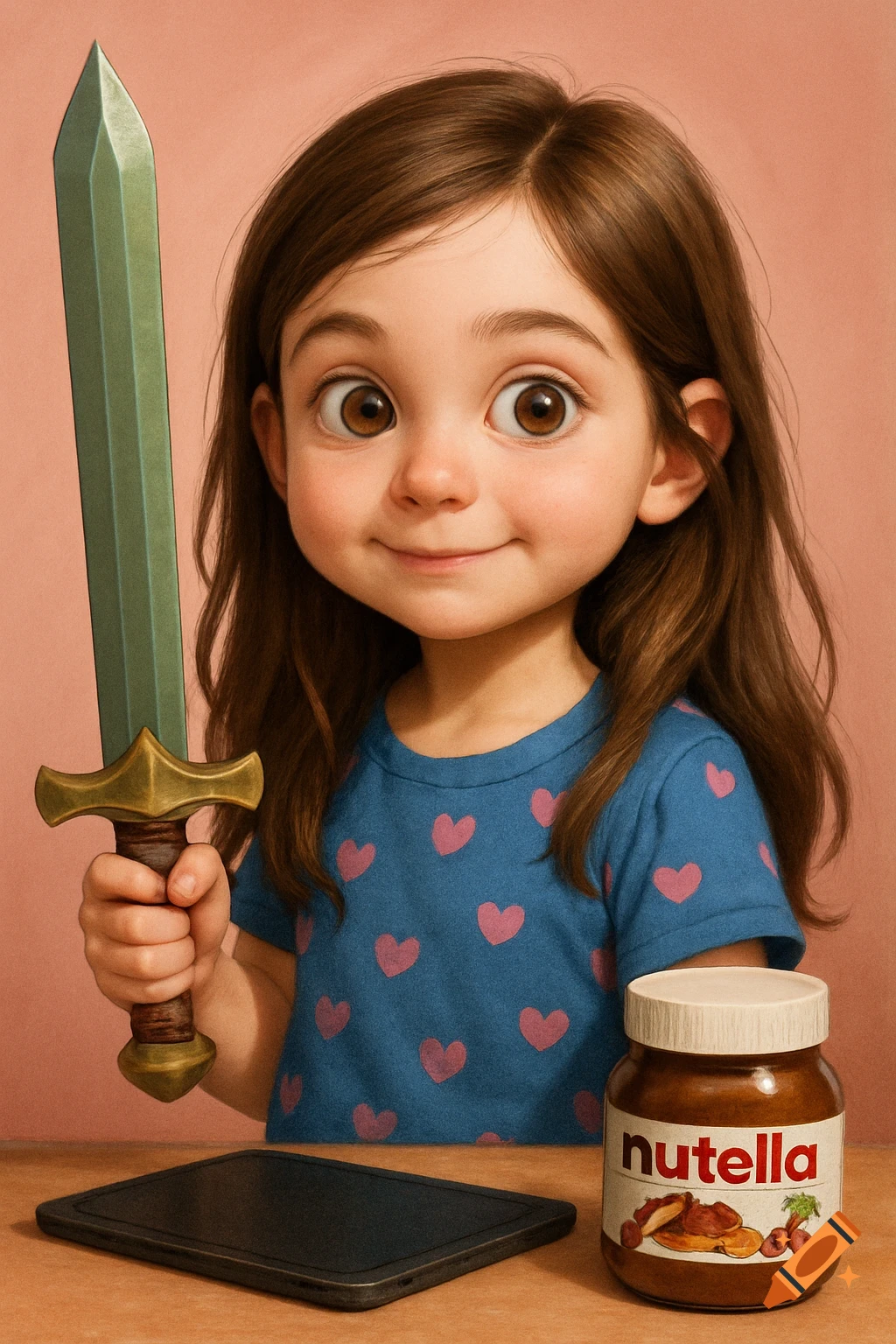 A hyper-realistic cartoon portrait of a young girl holding a sword ...