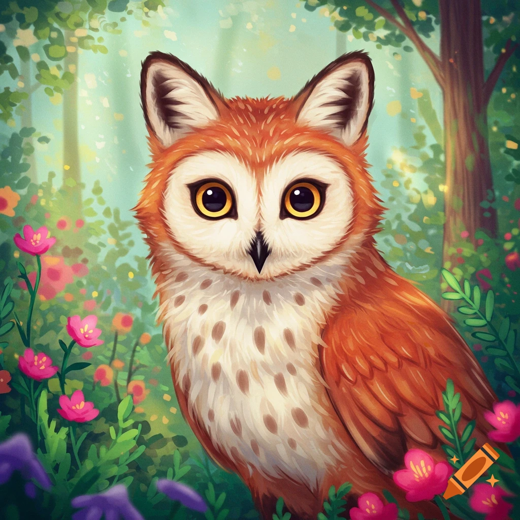 Cute owl fox creature with big eyes in a vibrant forest illustration ...