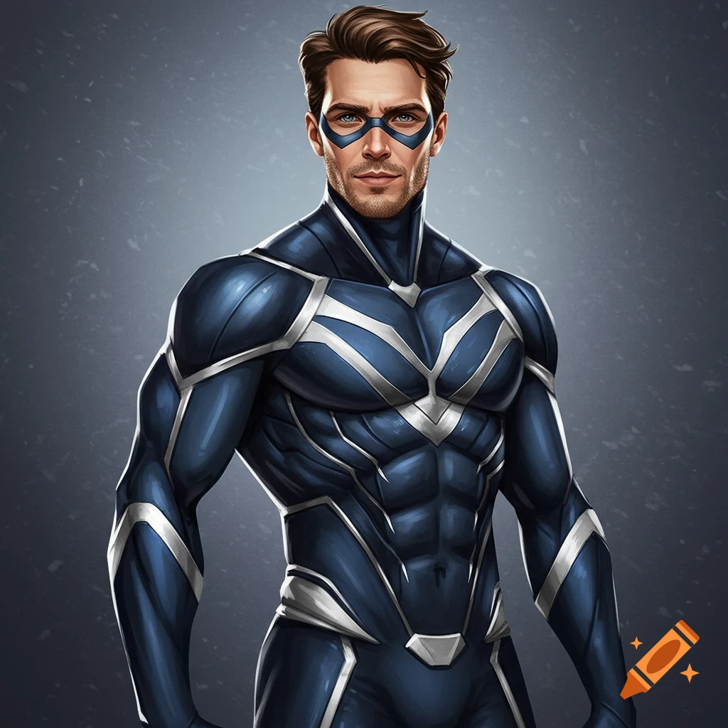 Illustration of a male superhero in a dark blue and silver suit and ...