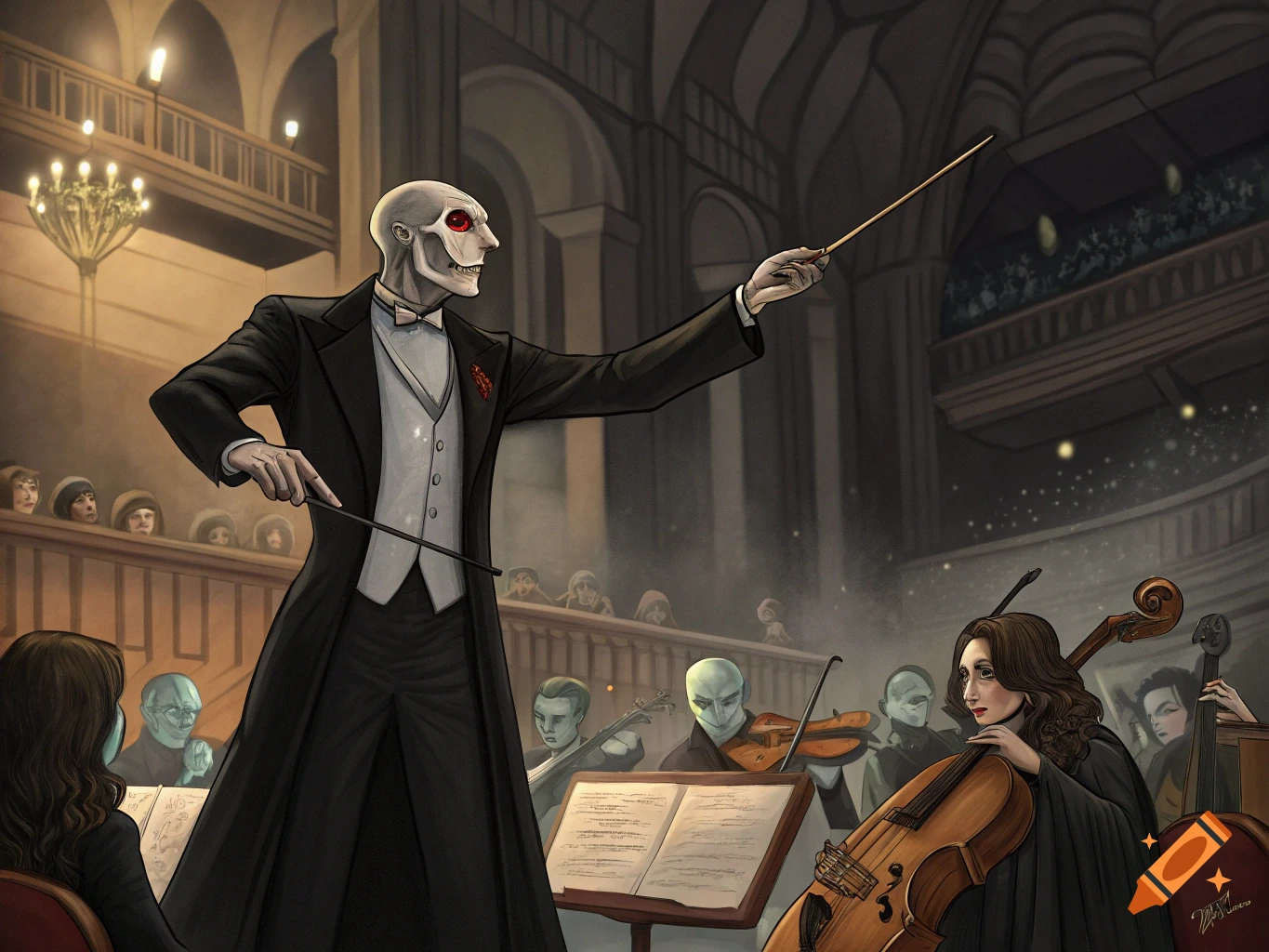 Skeleton conductor leading an orchestra in a grand hall, fantasy art on ...