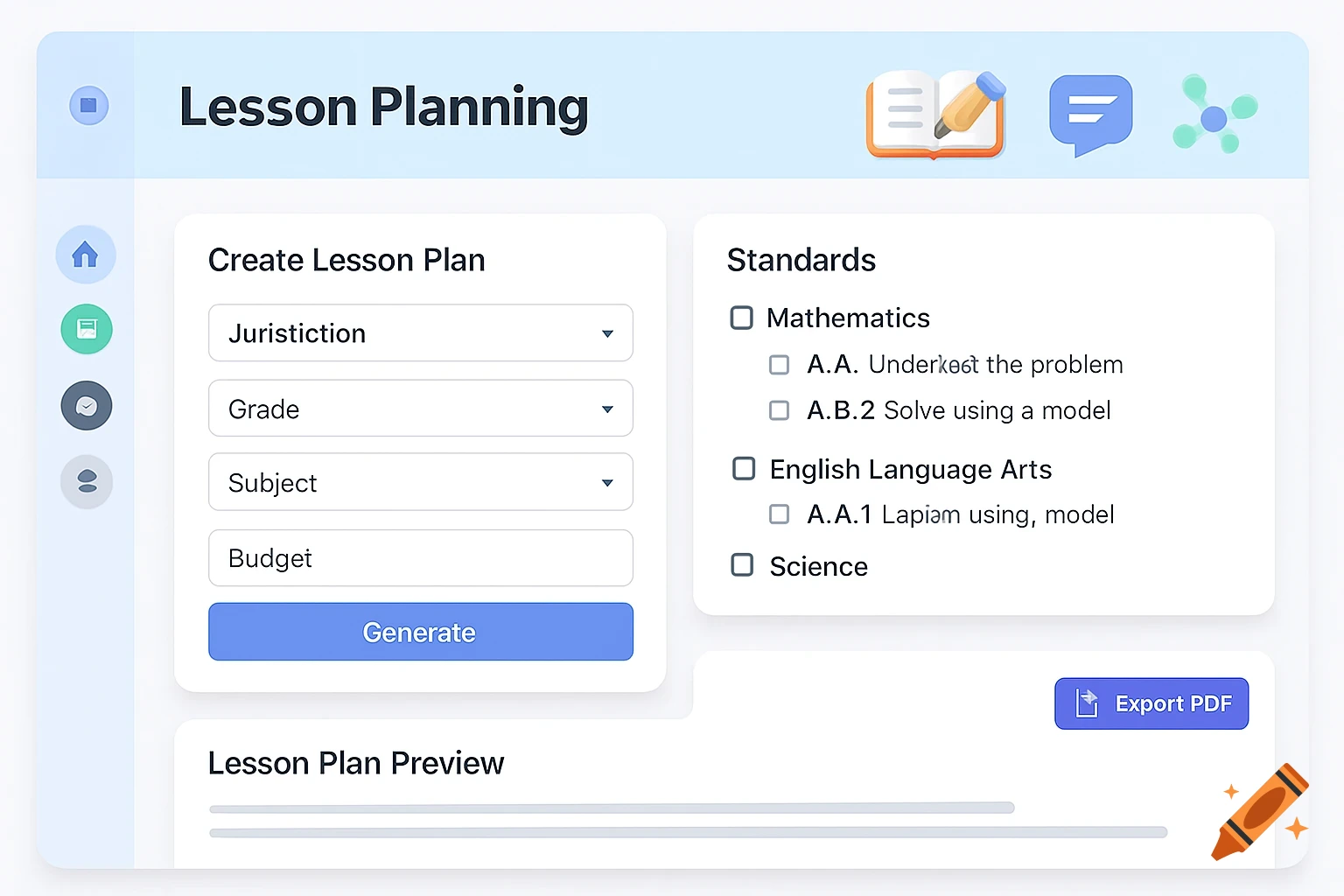 Web app interface for lesson planning with input fields, standards list ...