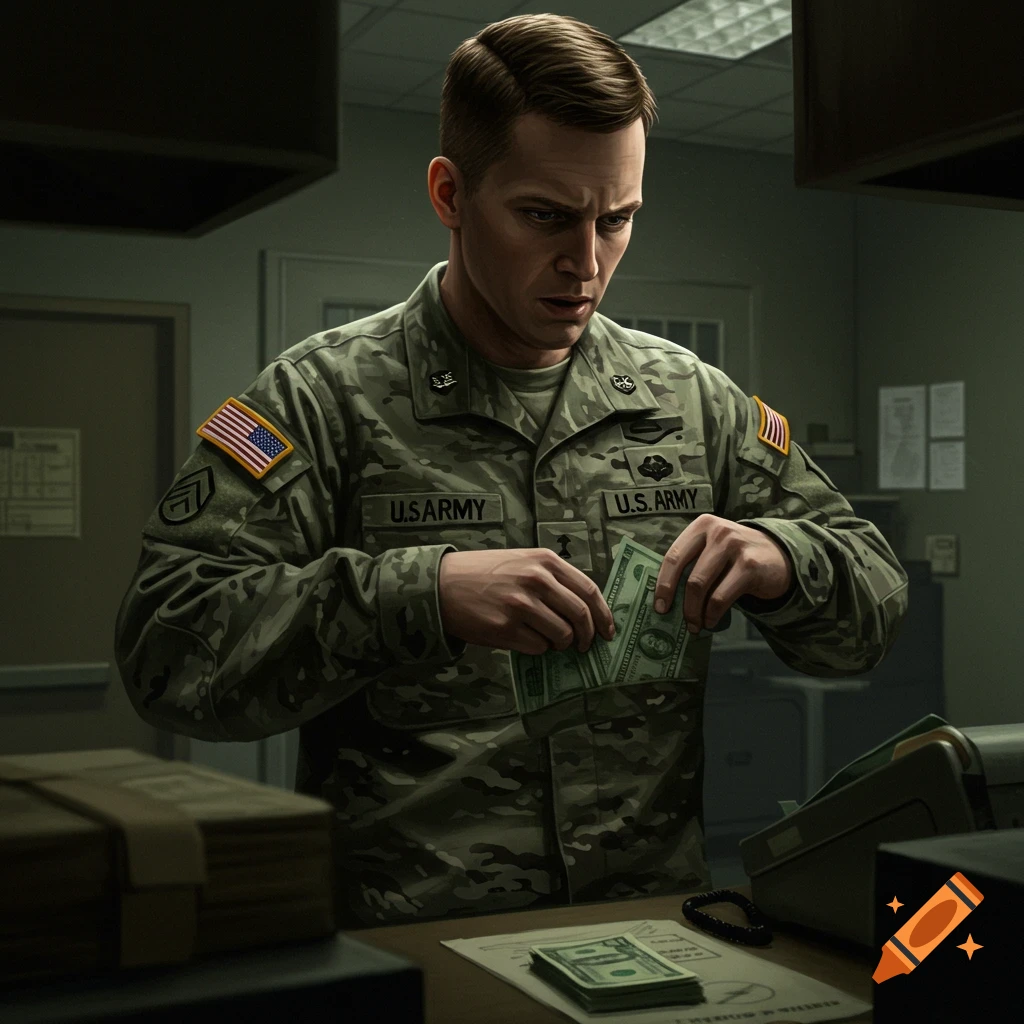 U.S. Army officer counting money in an office on Craiyon