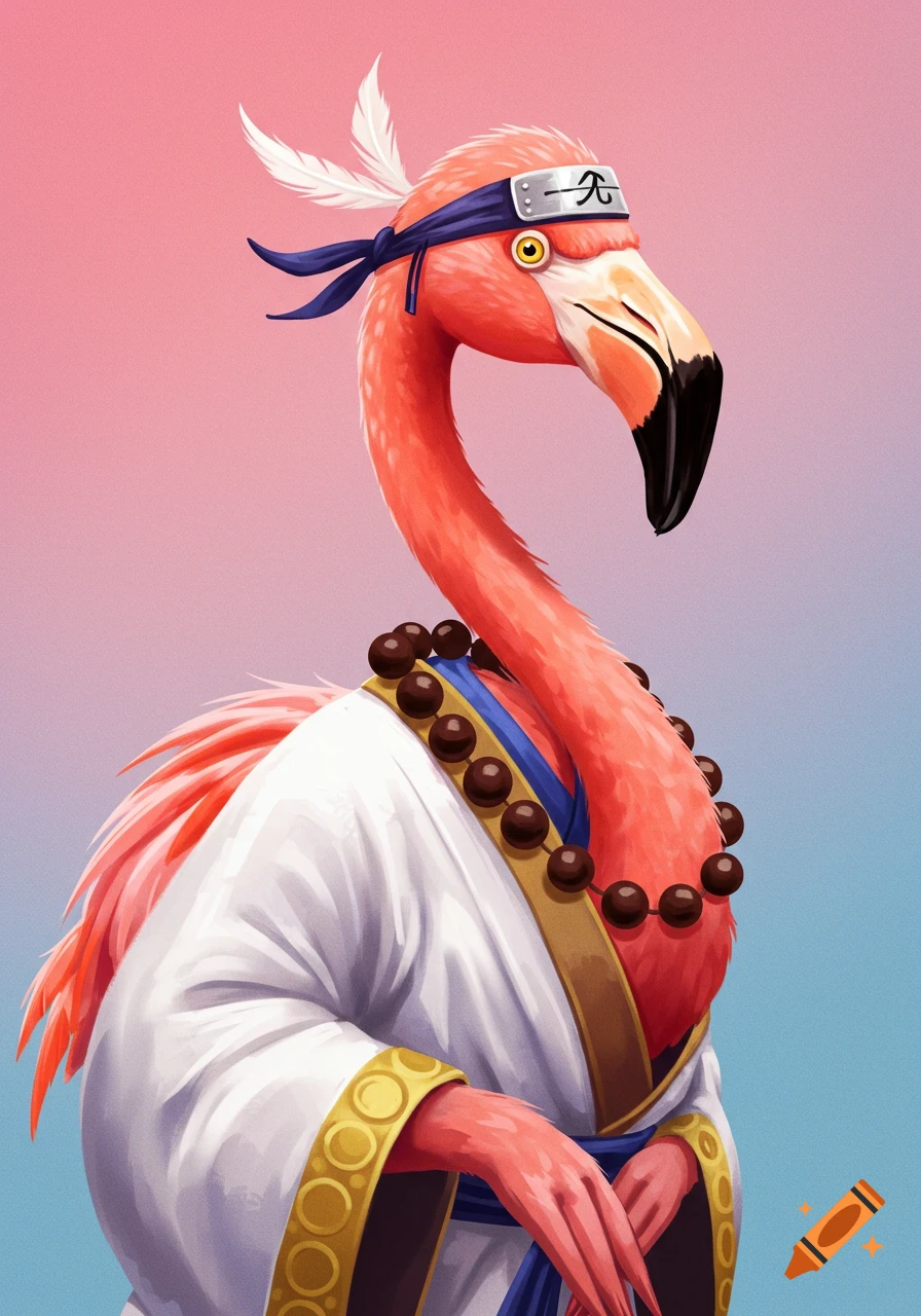 A flamingo dressed as a sensei with a headband and beads. on Craiyon
