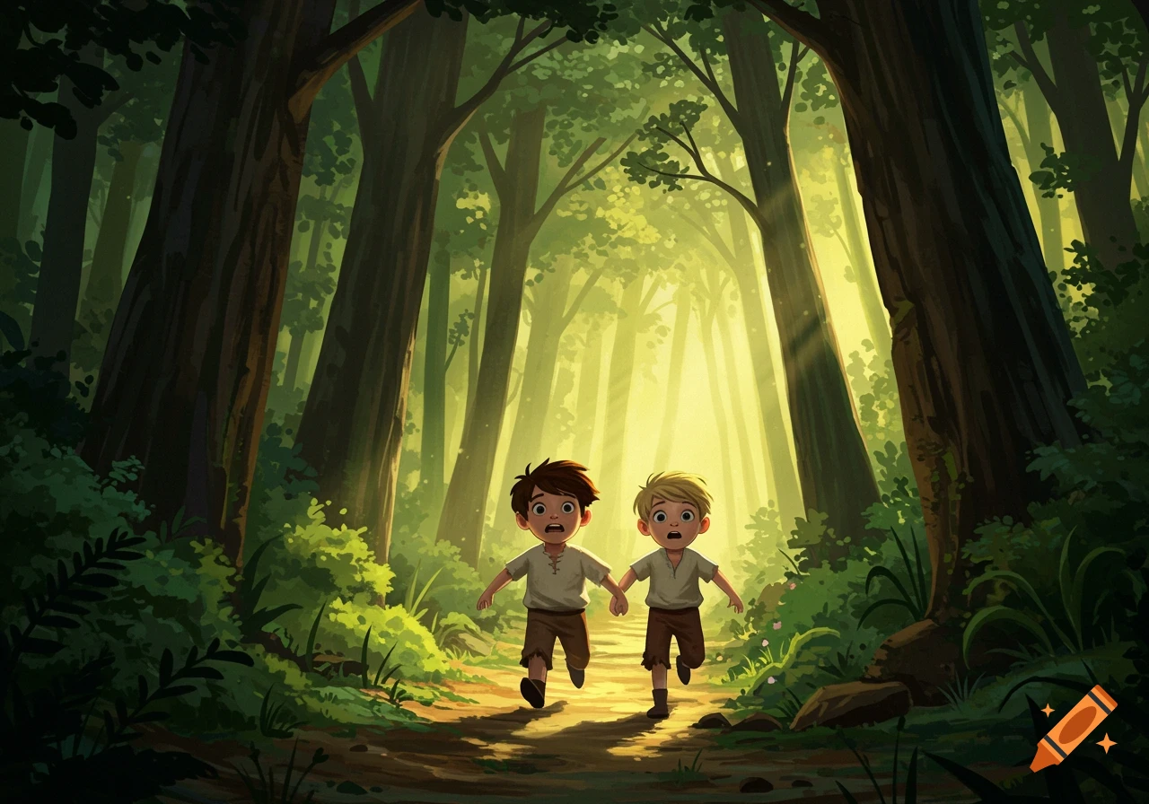 Illustration of two scared boys running through a sunlit forest path on ...