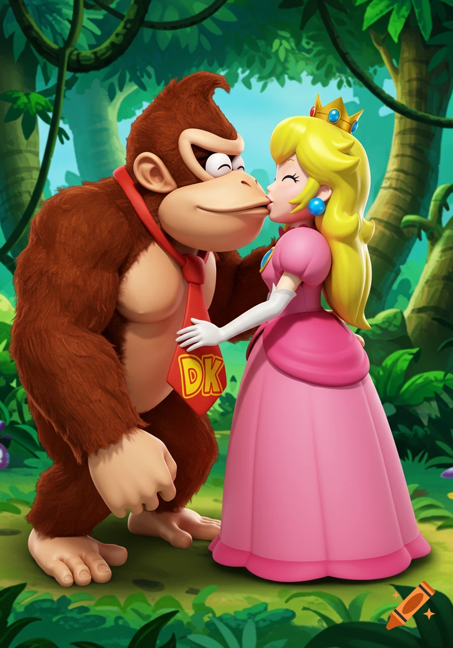 Donkey Kong and Princess Peach kiss in a jungle setting in a cartoon style. on Craiyon