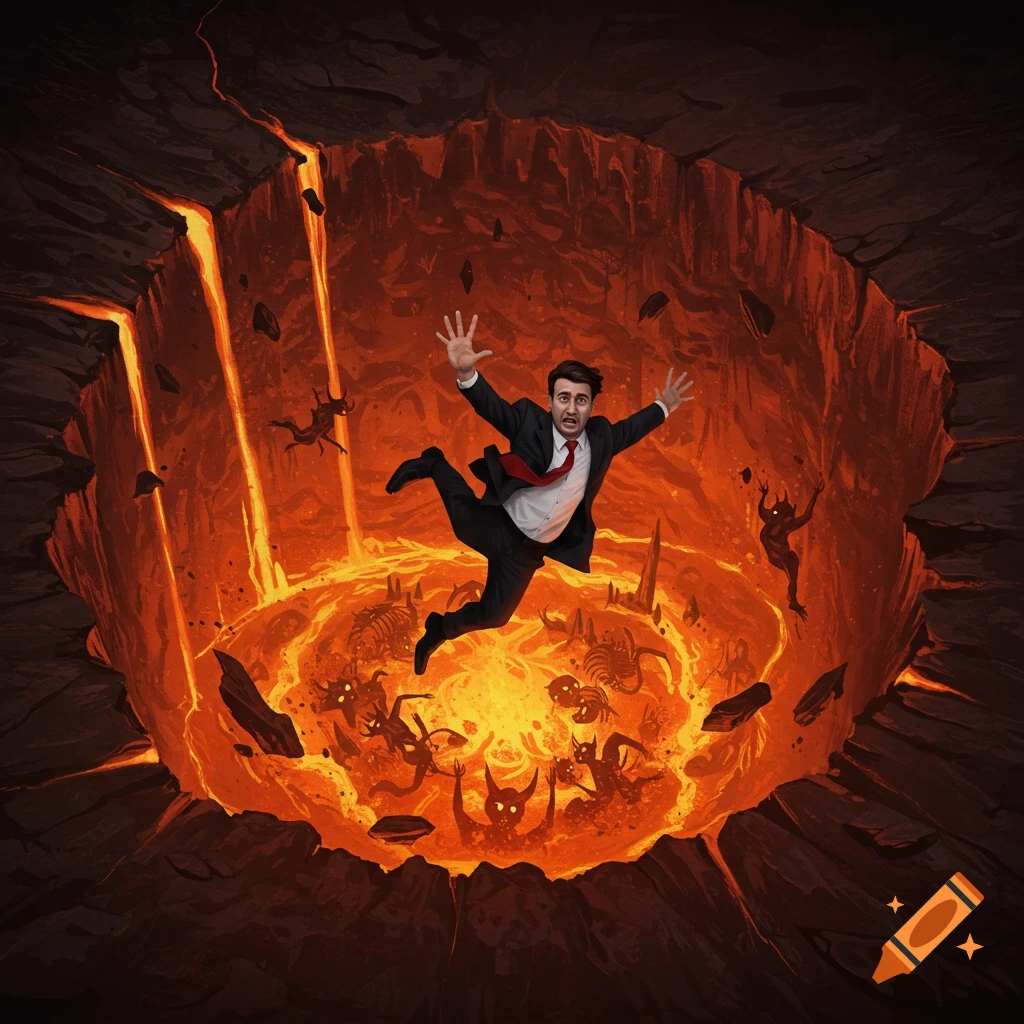 Man falling into a fiery pit surrounded by demons and skeletons. on Craiyon