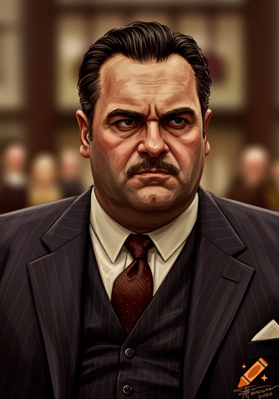 Stylized portrait of a stern man with a mustache in a pinstripe suit ...