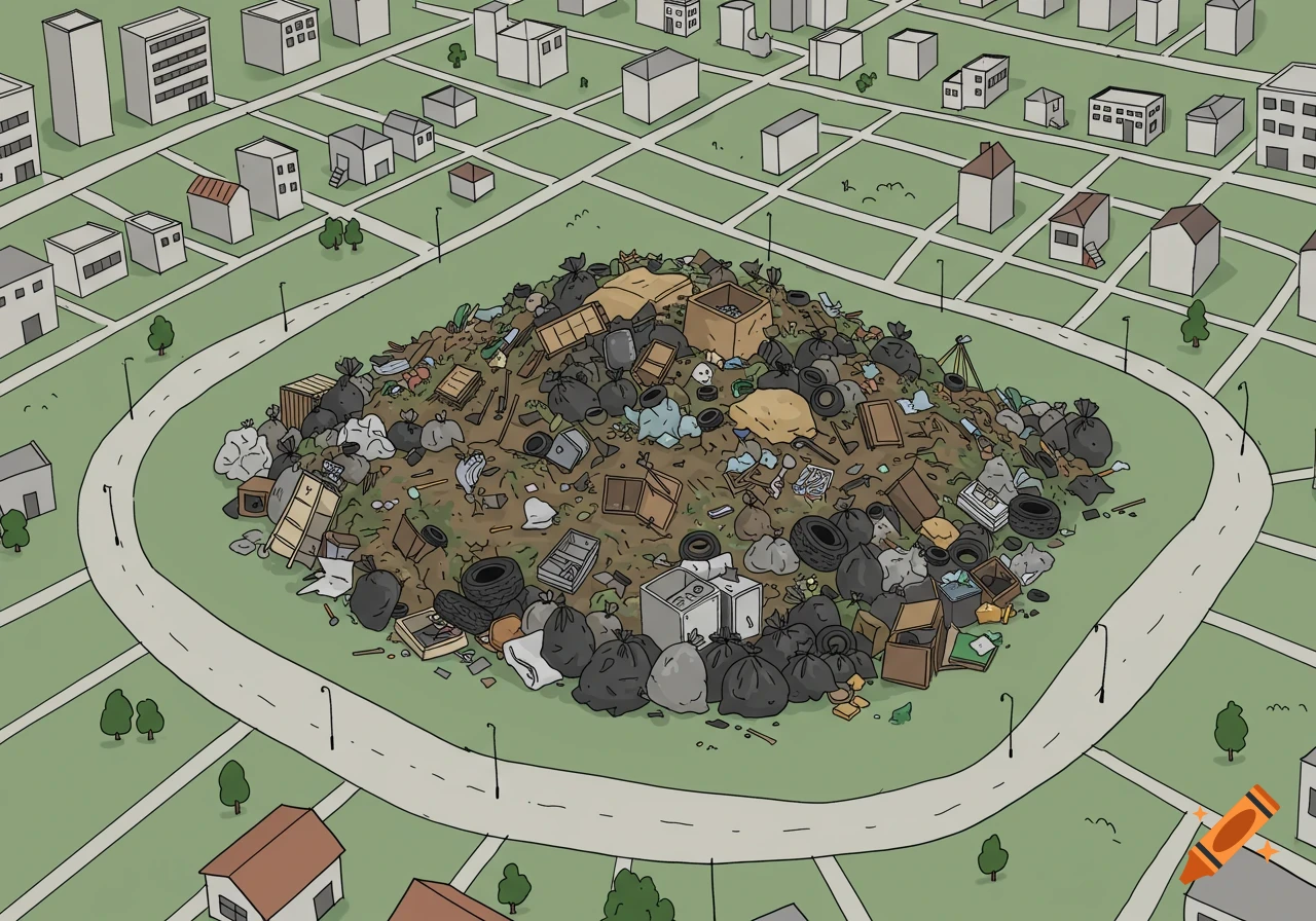Simple drawing of a large landfill in the middle of a grid city. on Craiyon