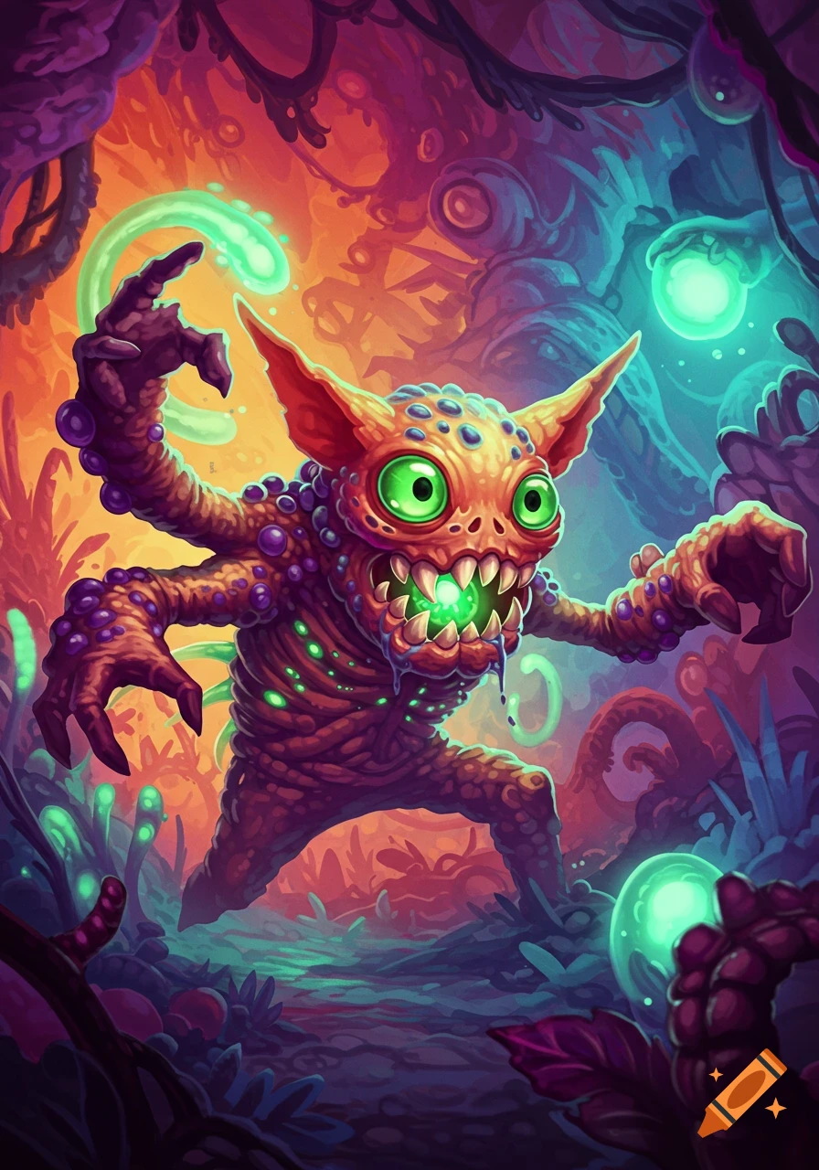 A cartoonish orange monster with green eyes and purple bumps stands in ...