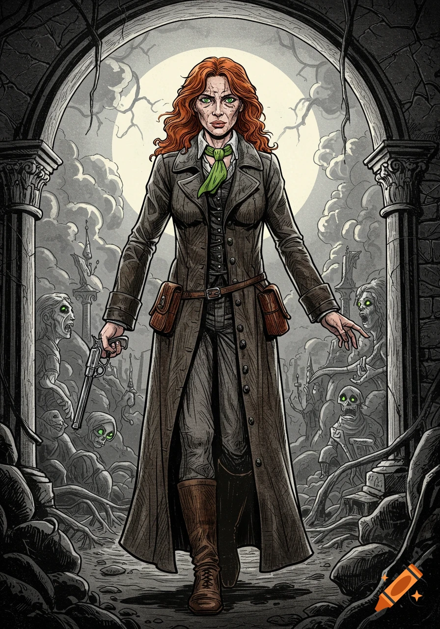 Dark fantasy line art of a woman detective with a gun facing zombies ...