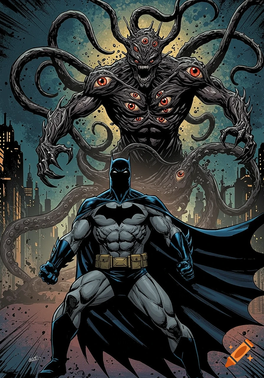Batman faces a multi-eyed, tentacled monster in a comic book style ...