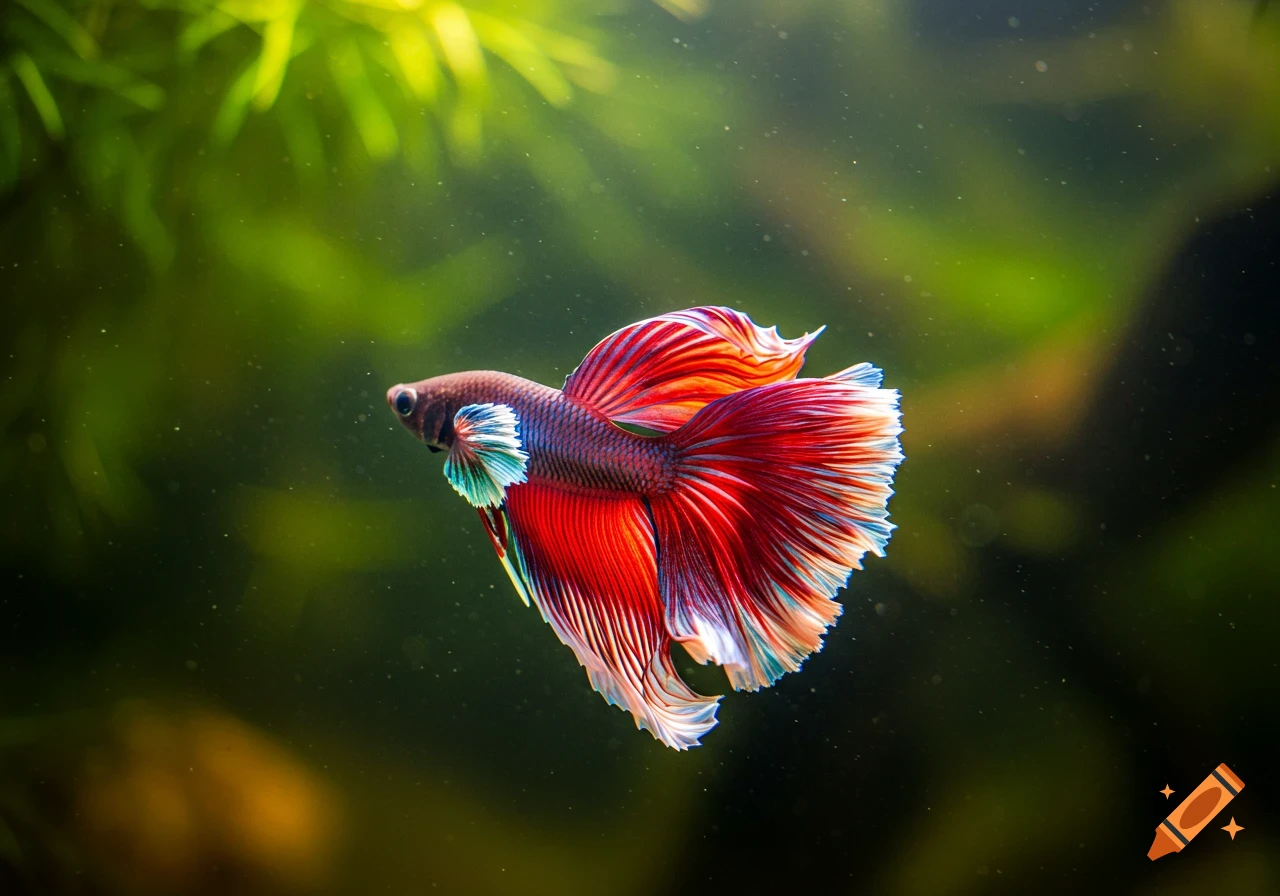 A vibrant red and blue Betta fish swims gracefully in an aquarium with ...