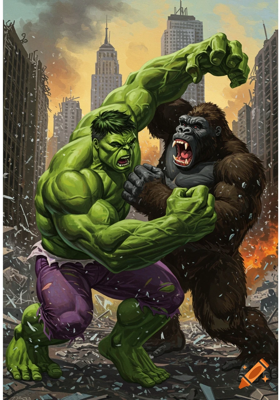 Hulk battles King Kong in a dynamic comic illustration style amidst a ...