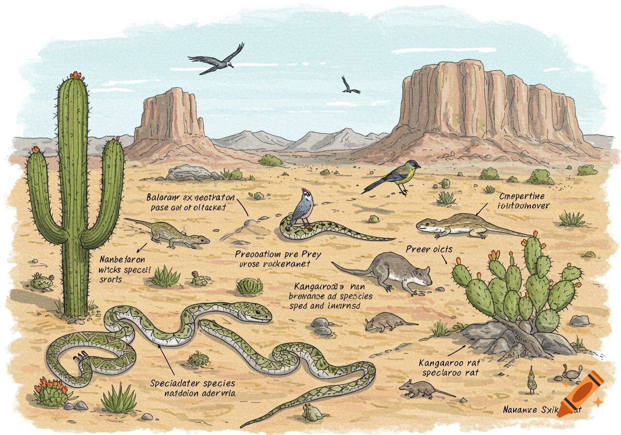 Illustration of a desert ecosystem with cacti, mountains, snakes ...