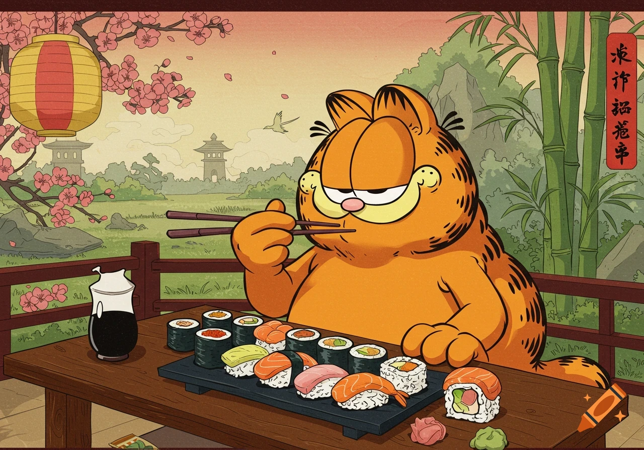 Garfield eating sushi in a Japanese garden scene with cherry blossoms ...