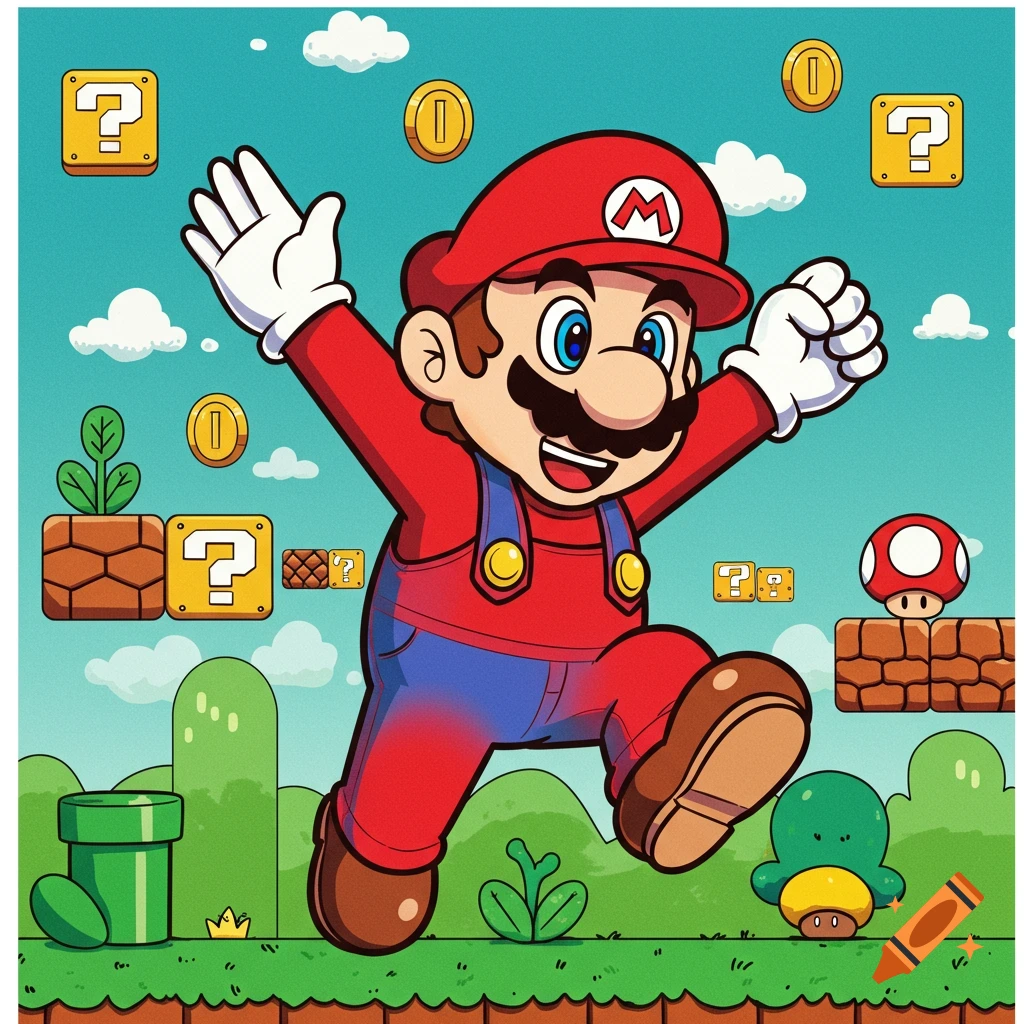 Cartoon illustration of Mario jumping in a classic Super Mario game ...