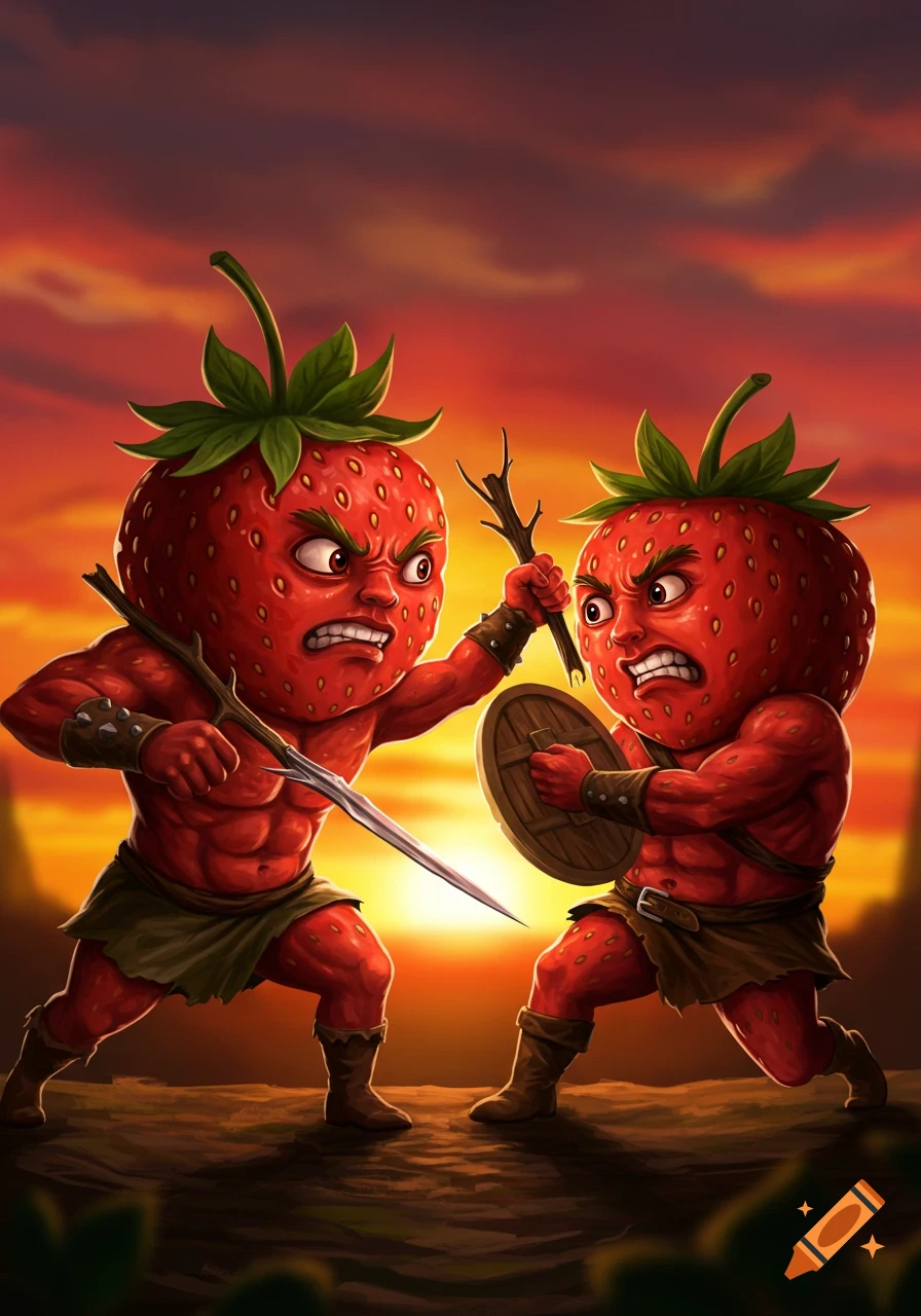 Two muscular anthropomorphic strawberries fight with a spear and shield ...