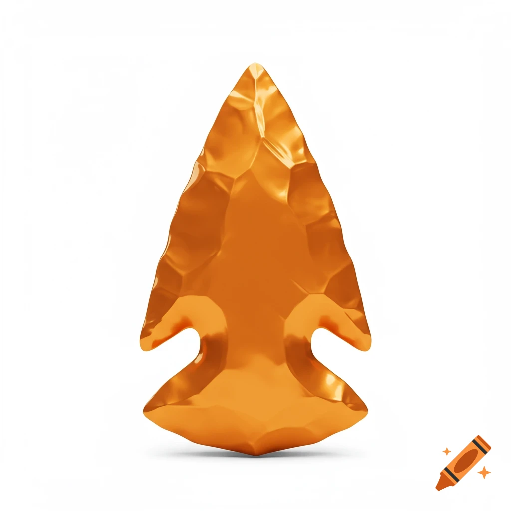 A shiny golden faceted arrowhead stands on a white surface. on Craiyon
