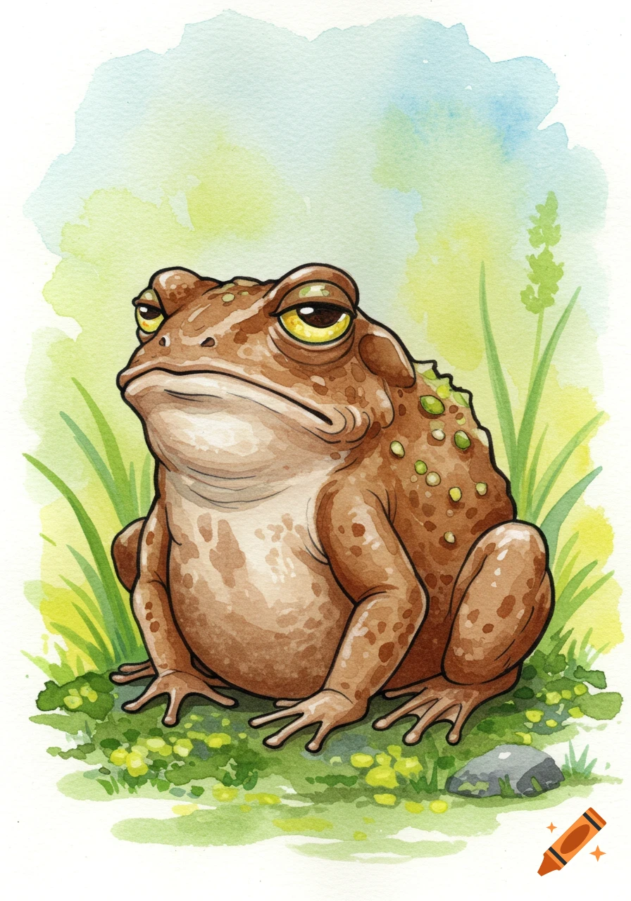 A grumpy brown cartoon toad with spots sits in grass in a watercolor style painting. on Craiyon