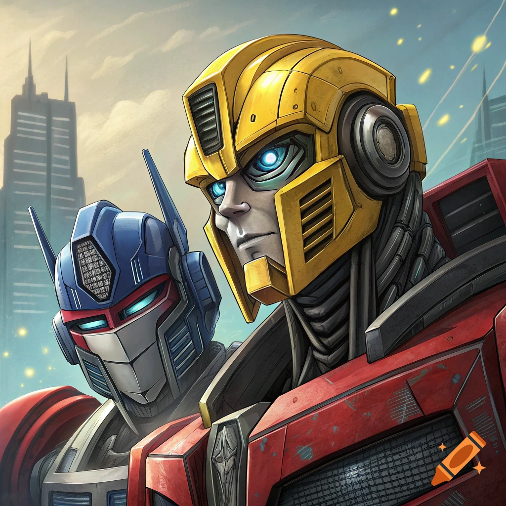 Close-up illustration of Optimus Prime and Bumblebee robots side-by ...
