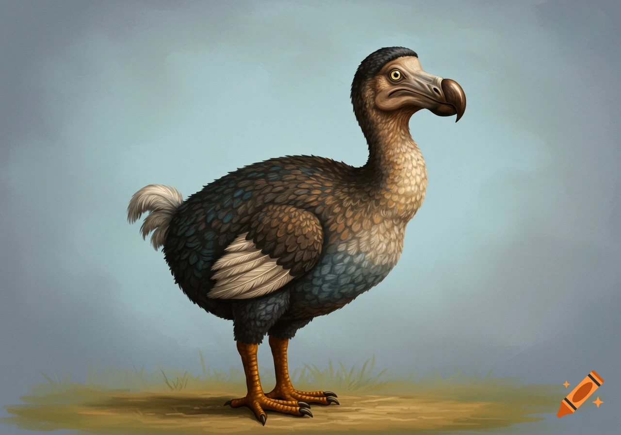 Illustration of a dodo bird standing on the ground. on Craiyon