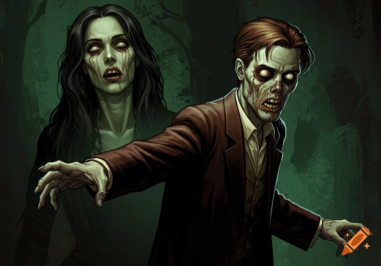 Comic book illustration of two zombies. Male zombie in suit reaches ...