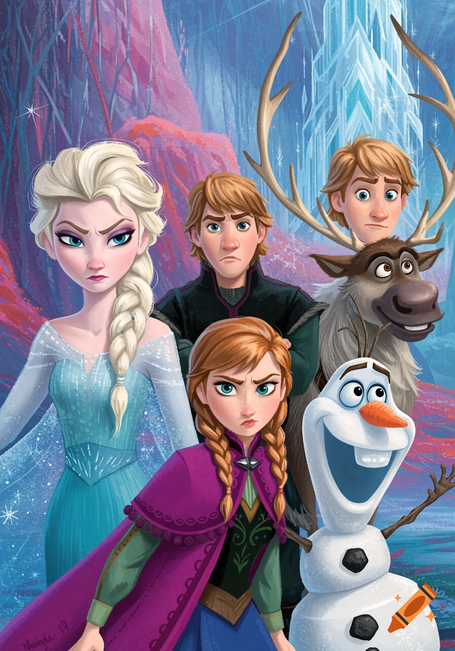 Elsa, Anna, Kristoff, Sven, and Olaf from Frozen in a snowy forest ...