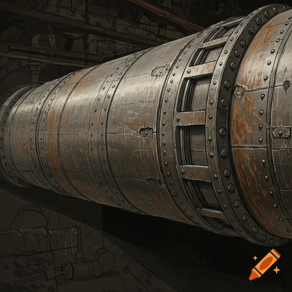 Detailed drawing of a large, rusty metal industrial pipe. on Craiyon