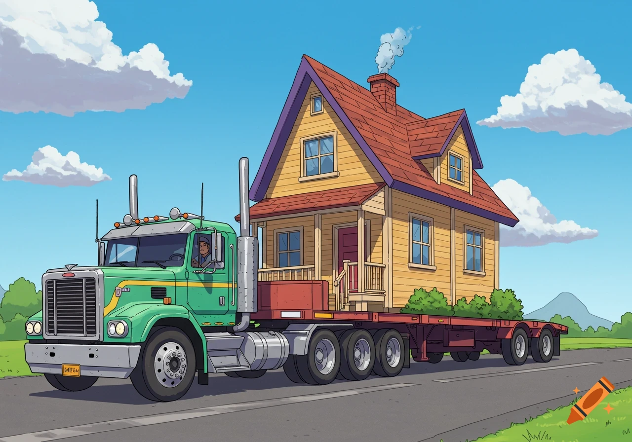 A green semi-trailer truck carries a house on its flatbed trailer down ...