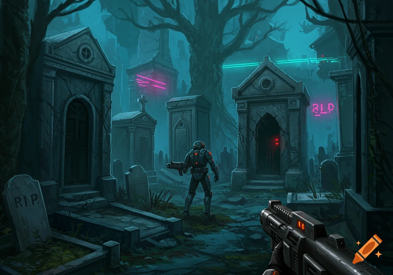A futuristic figure stands in a graveyard with neon lights in a ...