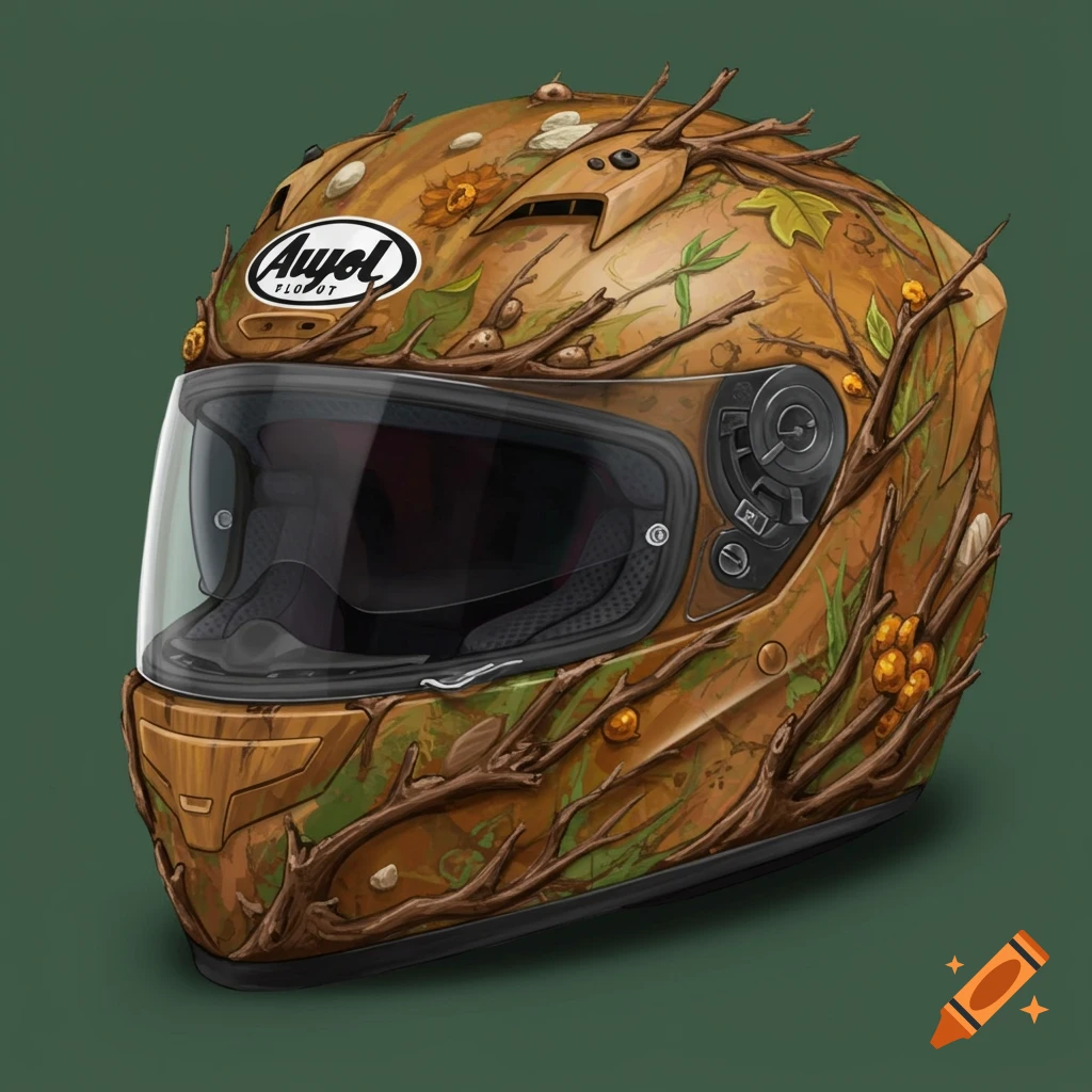 A motorcycle helmet decorated to look like wood and roots, covered in ...