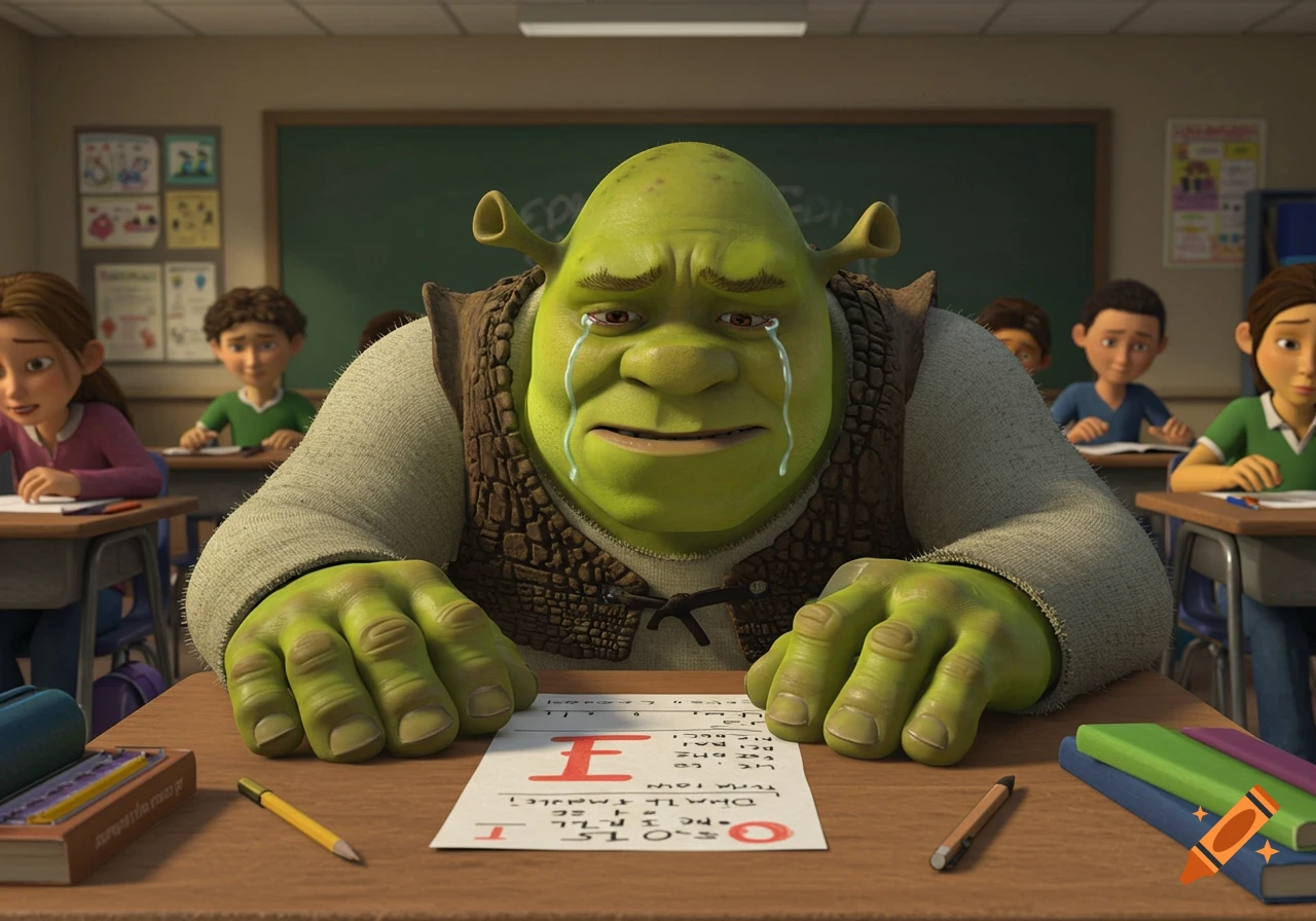 Shrek the ogre cries over a test with a large 'F' on it in a classroom ...