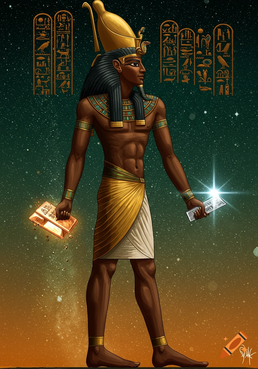 An illustration of a pharaoh standing against a starry sky, holding ...