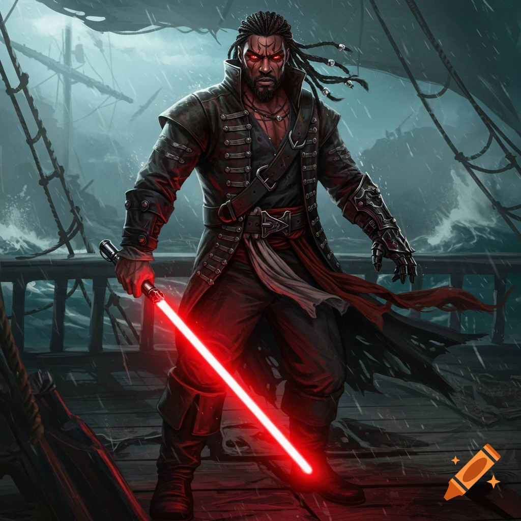 Illustration of a fierce pirate Sith Lord holding a red lightsaber on a ...