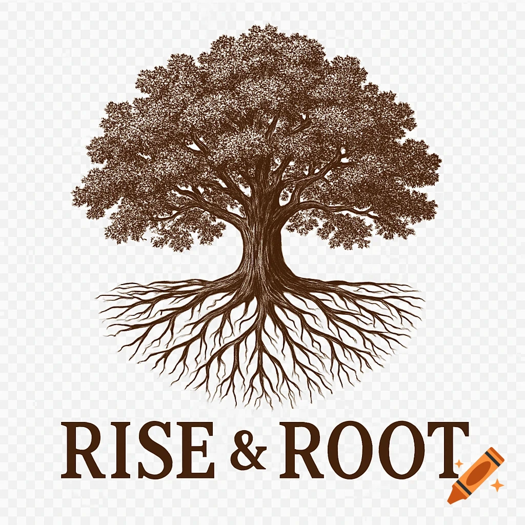 Illustration of a detailed tree with roots and branches, text 'RISE ...
