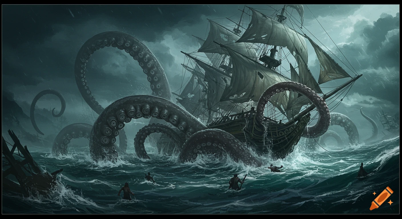 A giant kraken attacks a pirate ship during a stormy sea battle in a dark fantasy style. on Craiyon