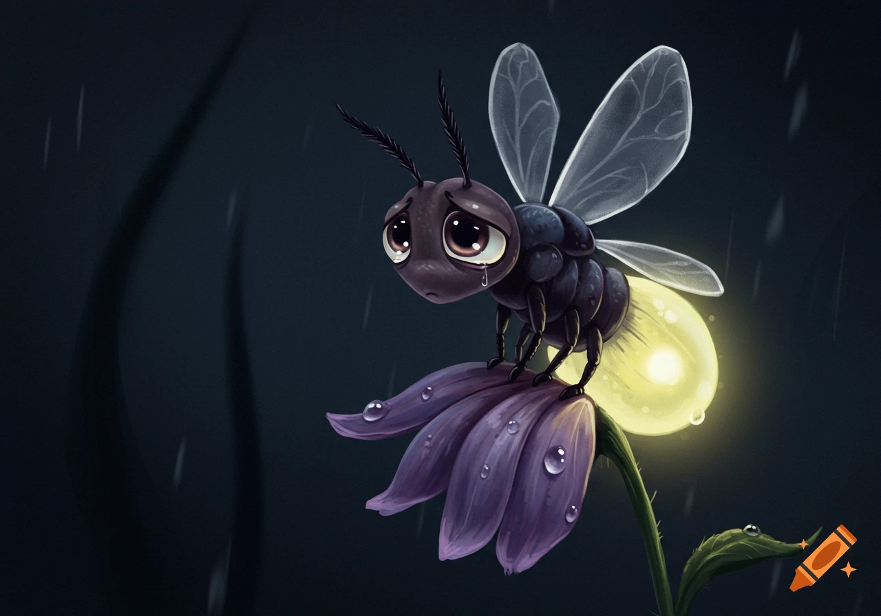 Sad cartoon firefly sits on a purple flower petal in the rain at night. on Craiyon