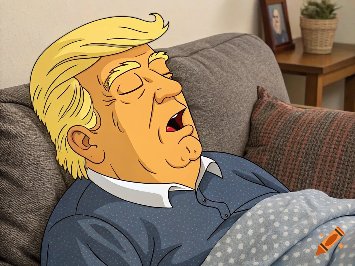 Cartoon caricature of Donald Trump snoring on a couch. on Craiyon