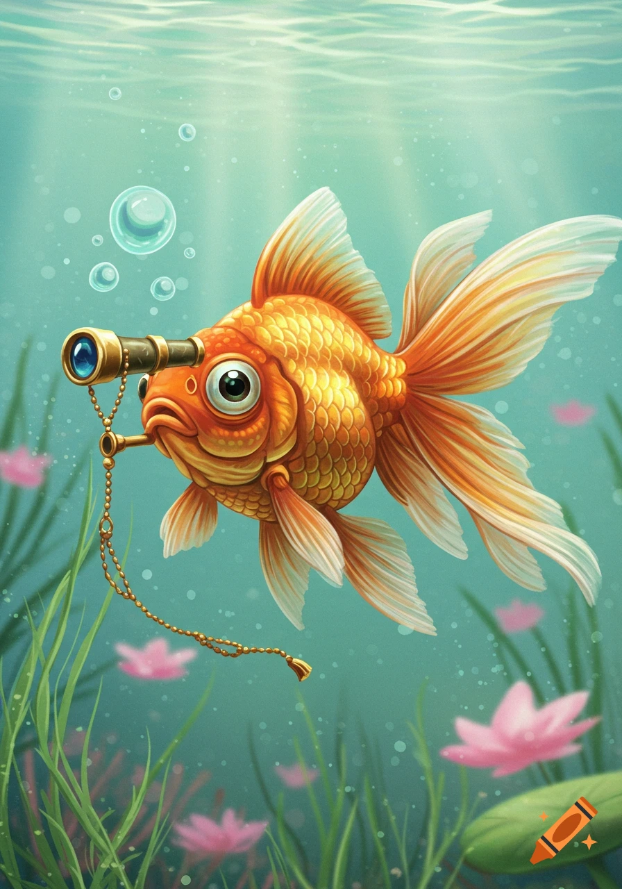A cartoon goldfish looks through a telescope underwater. on Craiyon