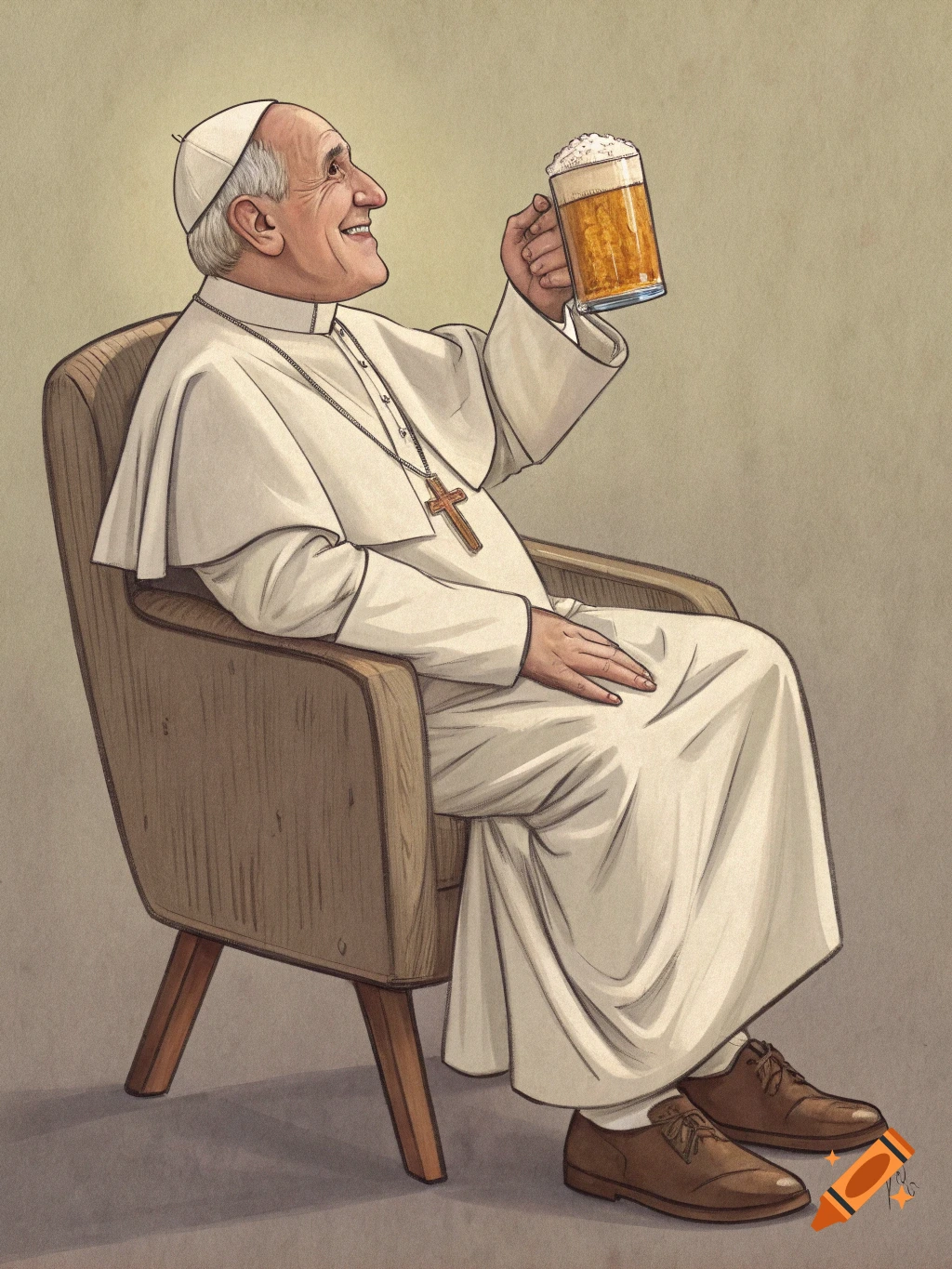 Illustration of a smiling Pope sitting in a chair and raising a glass ...